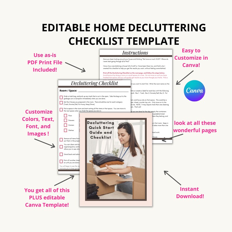 Printable Decluttering Checklist PDF, PLR Decluttering Guide, Editable ...
