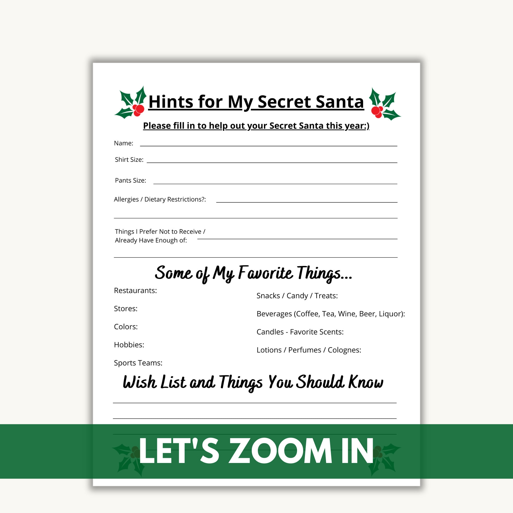 Secret Santa Questionnaire Template, Canva Template for Secret Santa ...