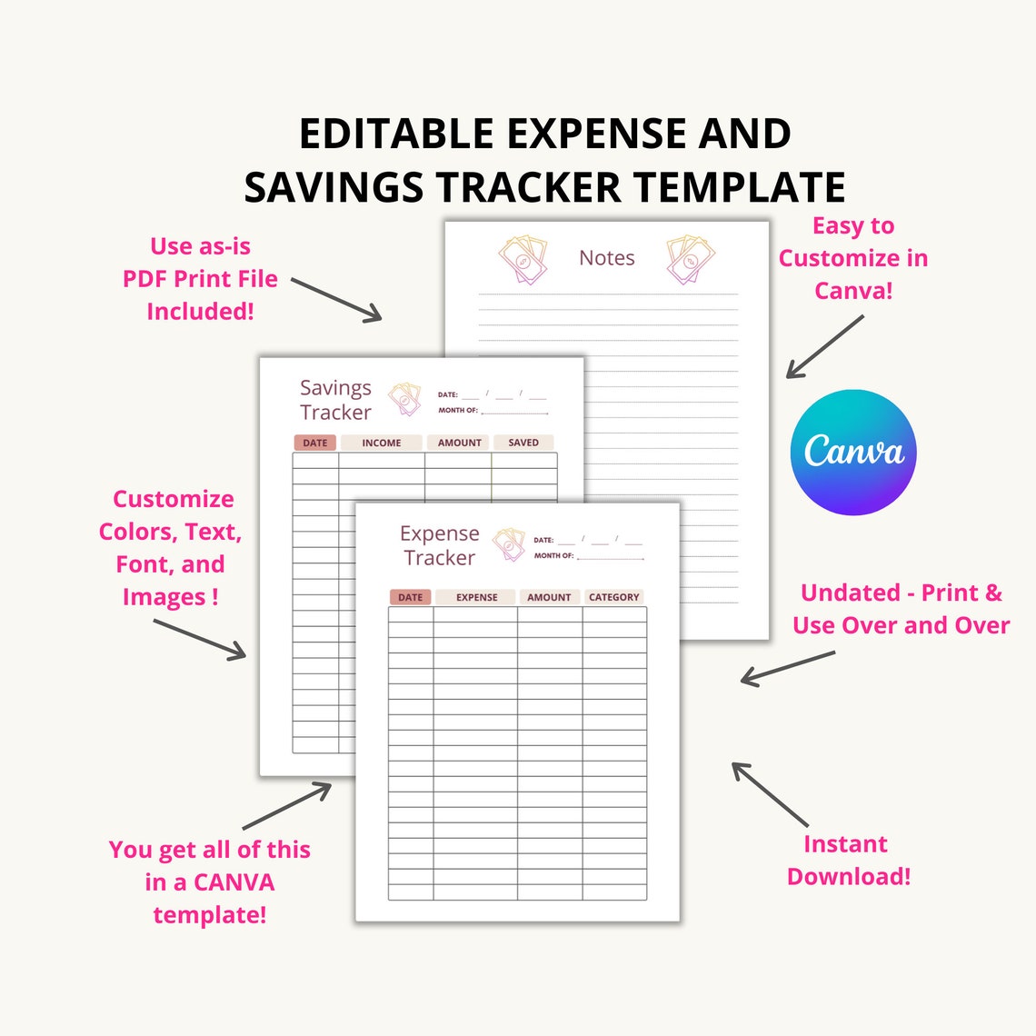 Editable Budget Tracker Canva Templates, Expense Template Editable in ...