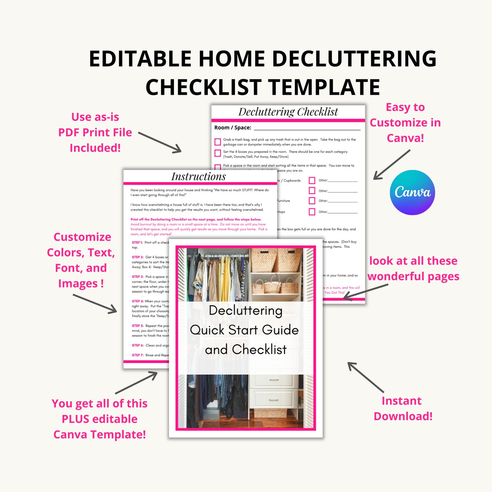 Printable Decluttering Checklist PDF, PLR Decluttering Guide, Editable ...
