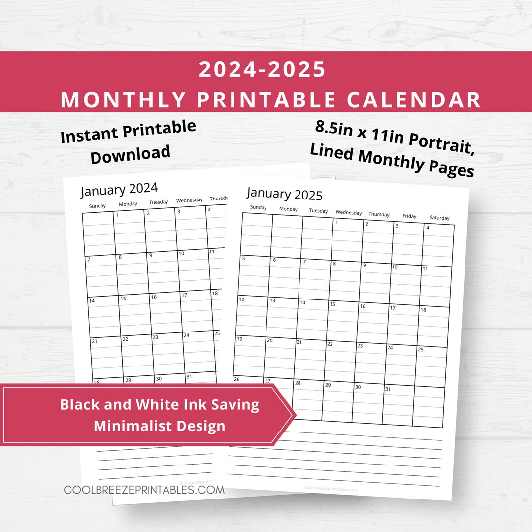 2024-2025 Monthly Calendar, Printable Monthly Calendar, Lined Monthly ...