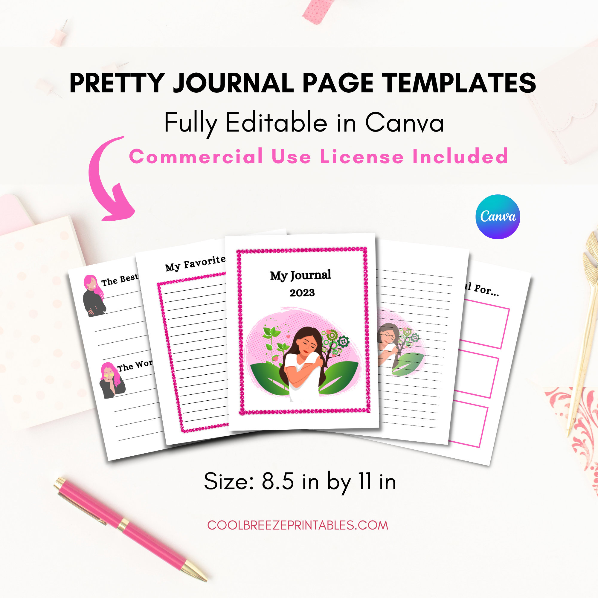 Printable Journal Pages, Journal Template Canva Pink, Editable ...
