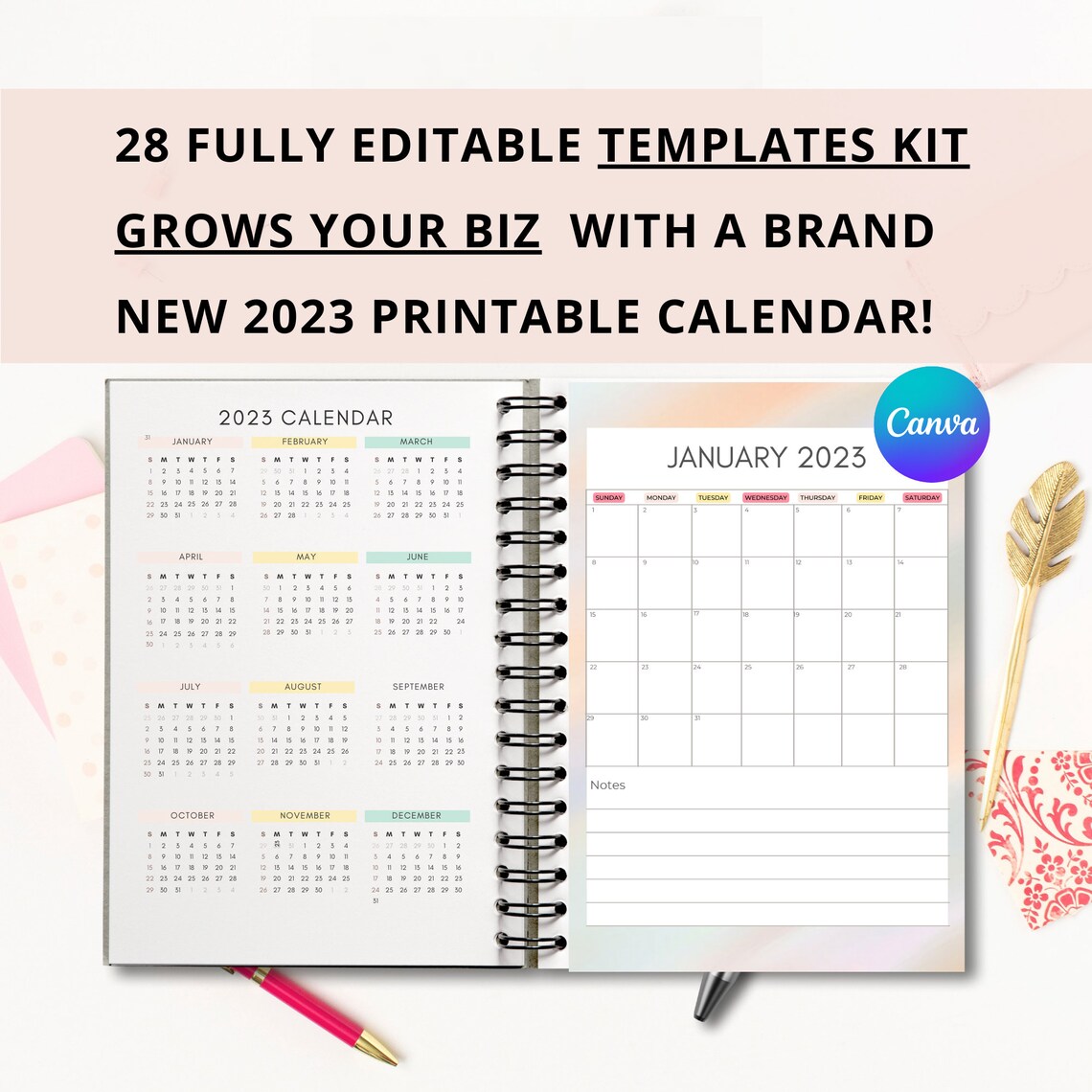 Canva Printable 2023 Calendar Template, Canva Calendar Editable Bundle ...