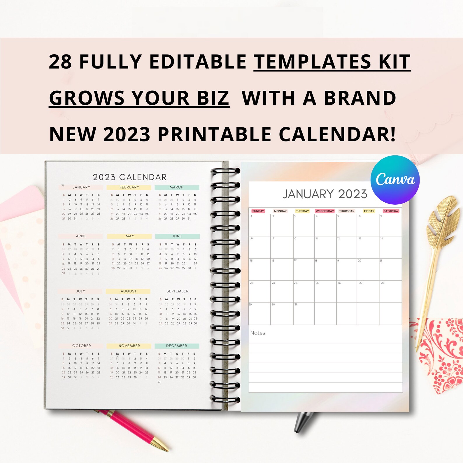 Canva Printable 2023 Calendar Template, Canva Calendar Editable Bundle ...
