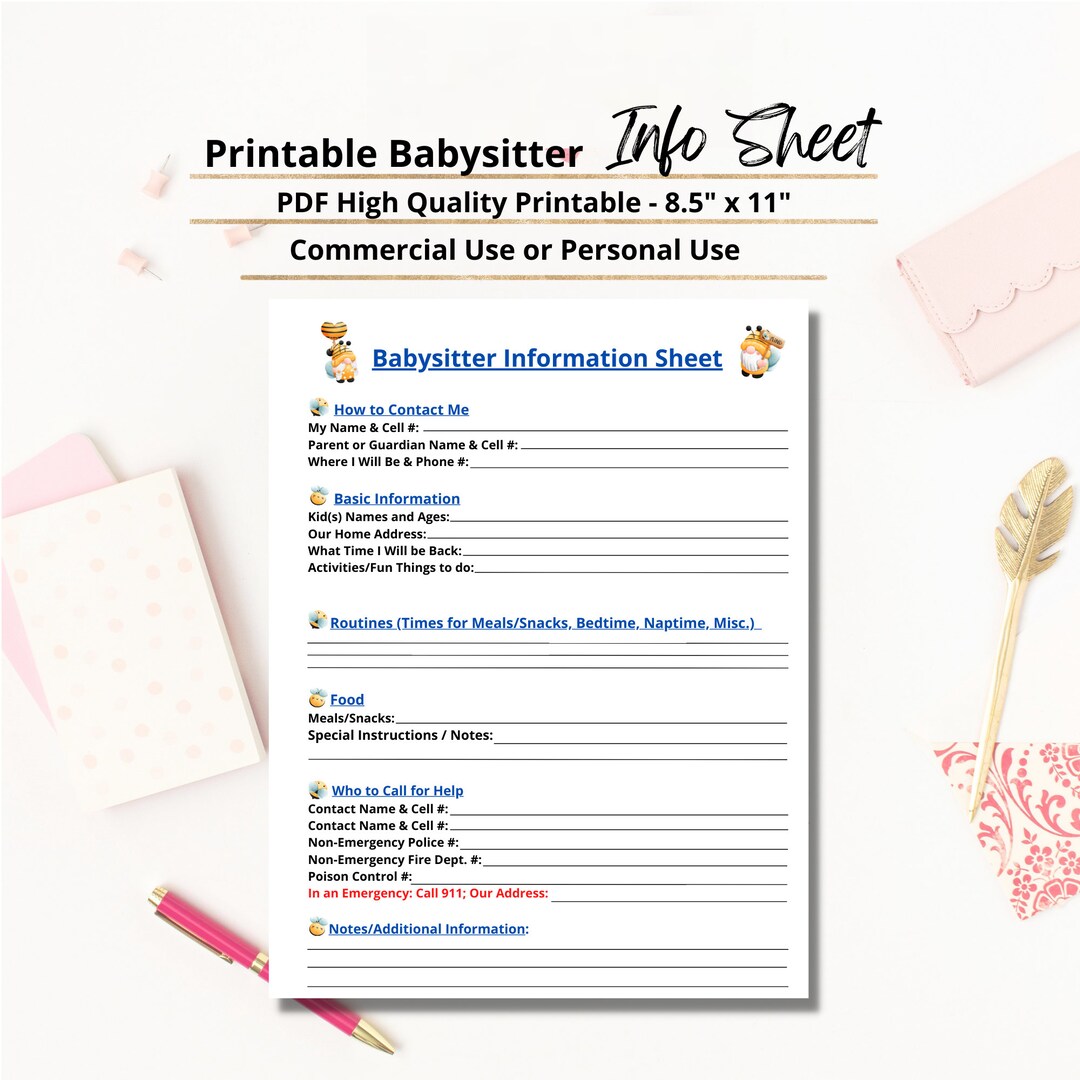 Babysitter Information Printable for Parents, Babysitter, and Nanny ...