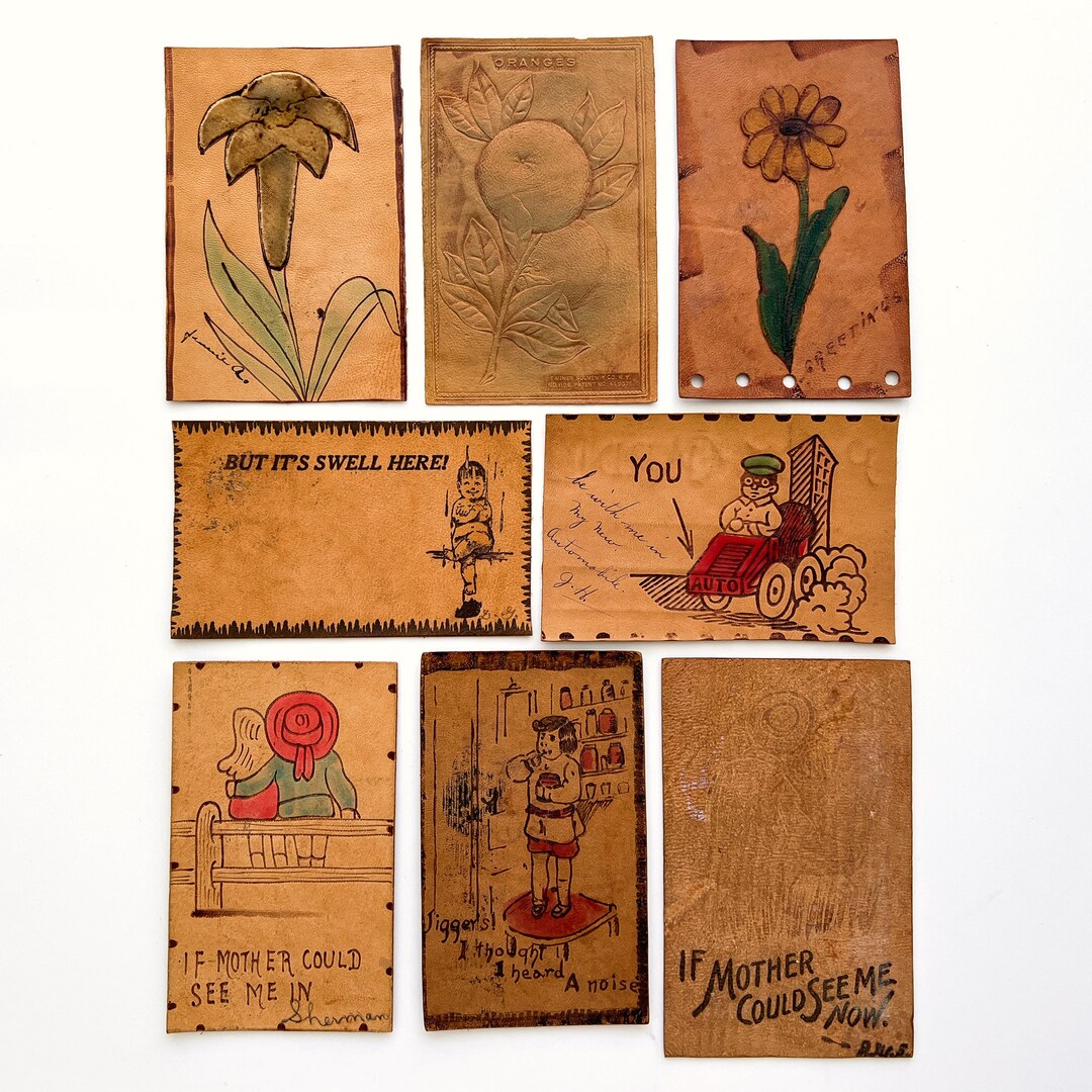 8 Cute & Comic Illustrated Leather Postcards 1905-1907 Collectable ...