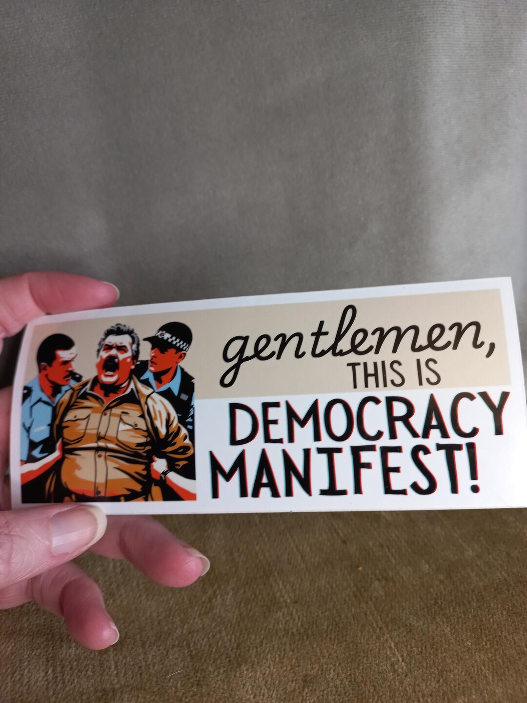 Democracy Manifest | Funny Small Bumper Sticker | What is the Charge ...