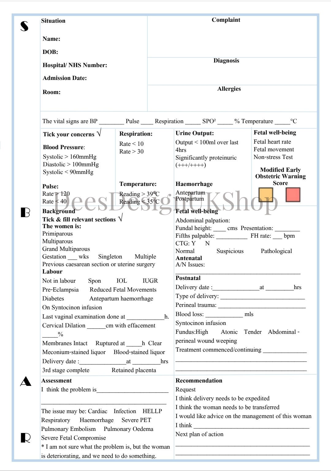 MATERNITY SBAR HANDOVER Sheets, Midwife Shift Change Forms, Efficient ...