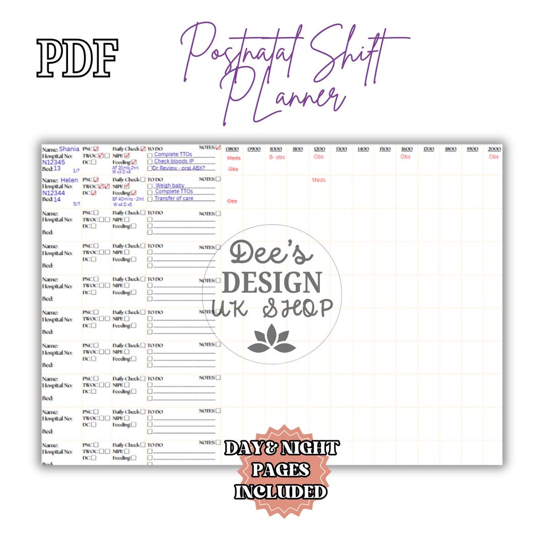 Postnatal Ward Planner: Midwife Shift Template (A4 PDF Printable) UK ...