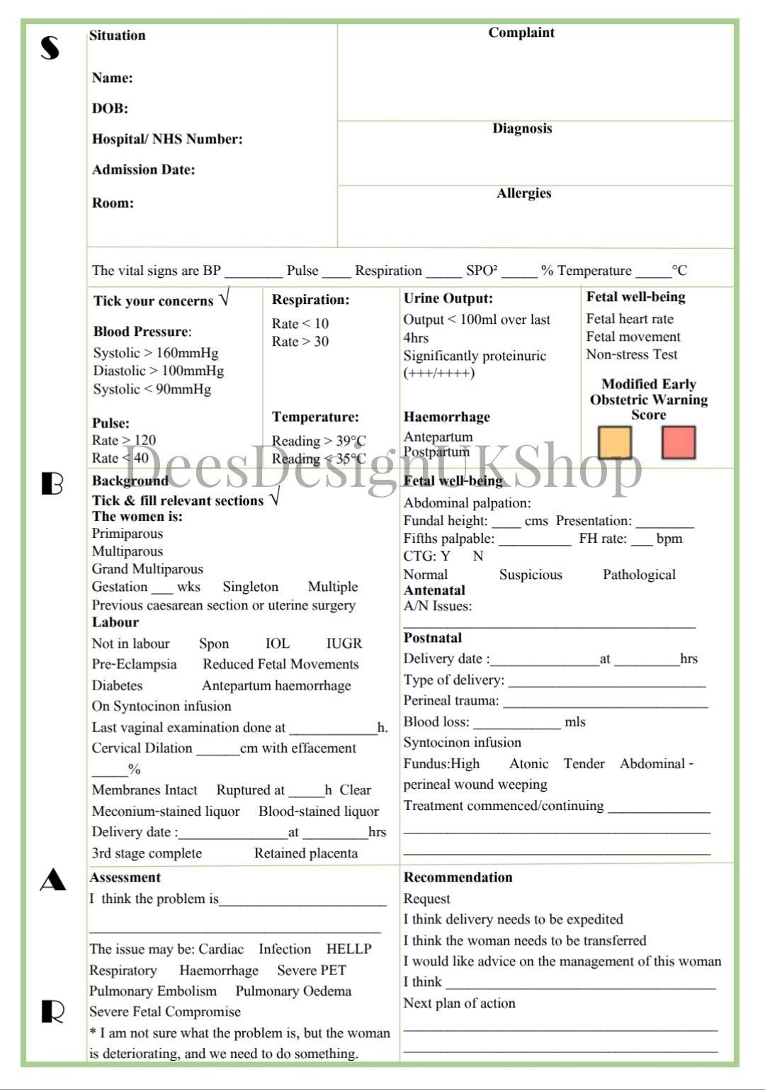 Midwifery SBAR Handover Sheets: Maternity Ward Communication (digital ...