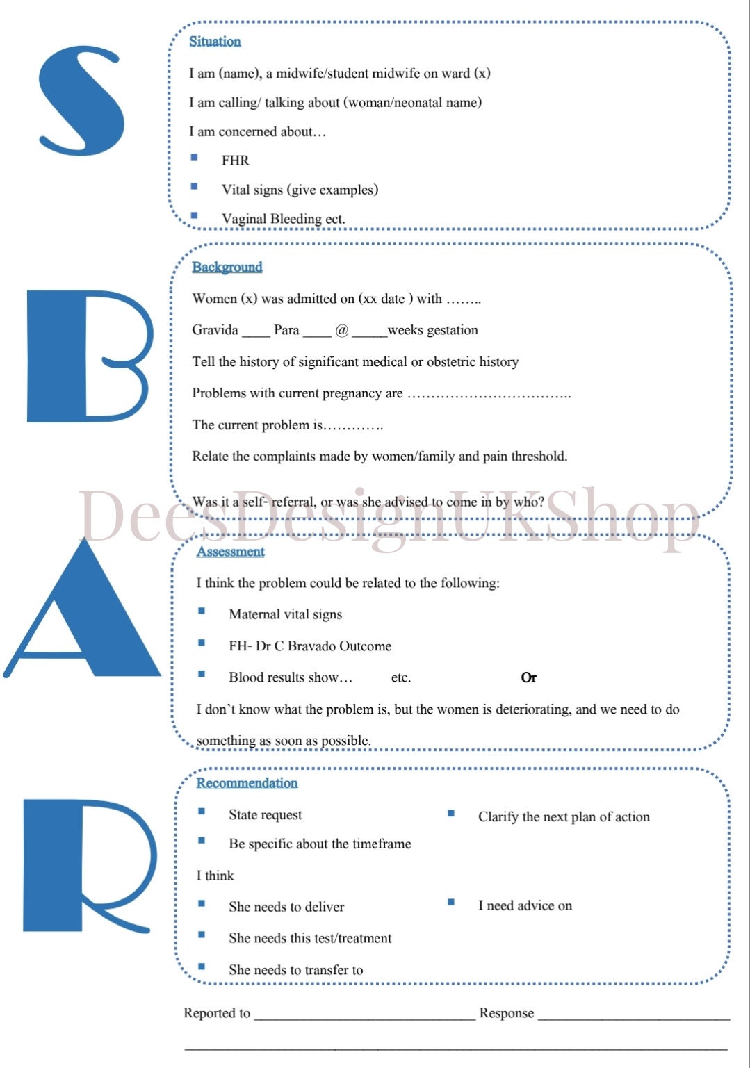 SIMPLIFIED MATERNITY SBAR Handover Sheets - Digital Prints, Learning ...