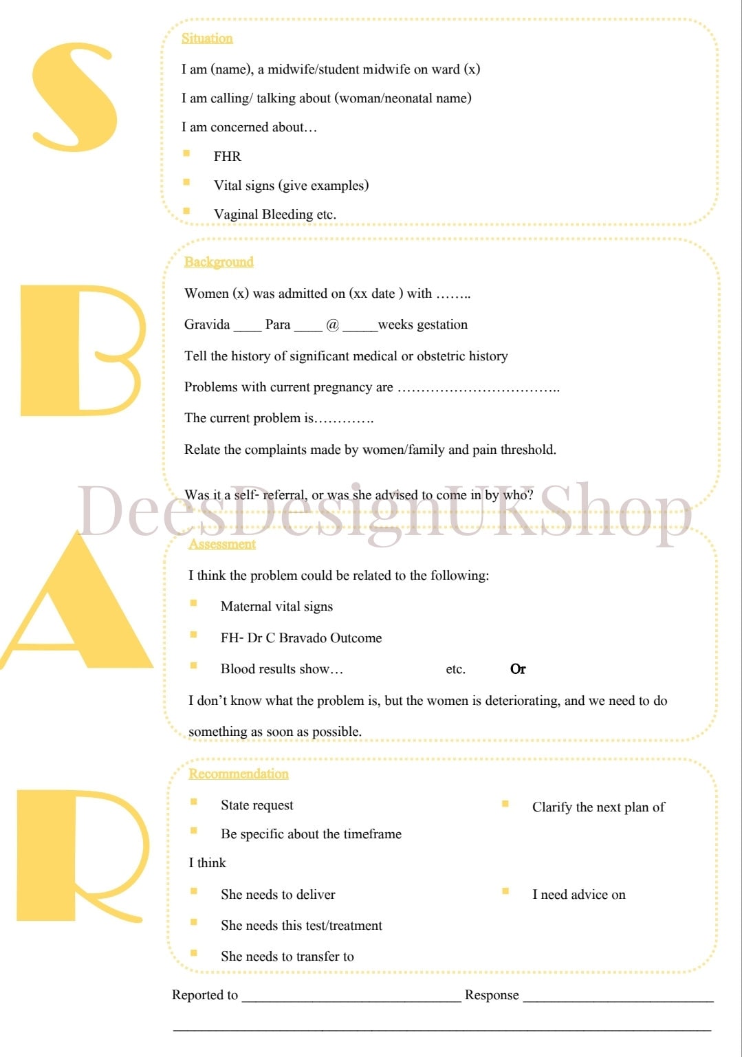SIMPLIFIED MATERNITY SBAR Handover Sheets - Digital Prints, Learning ...