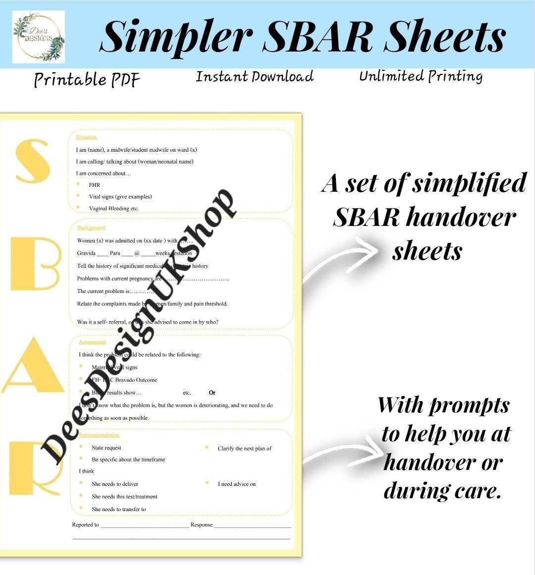 SIMPLIFIED MATERNITY SBAR Handover Sheets Digital Prints, Learning Tool ...