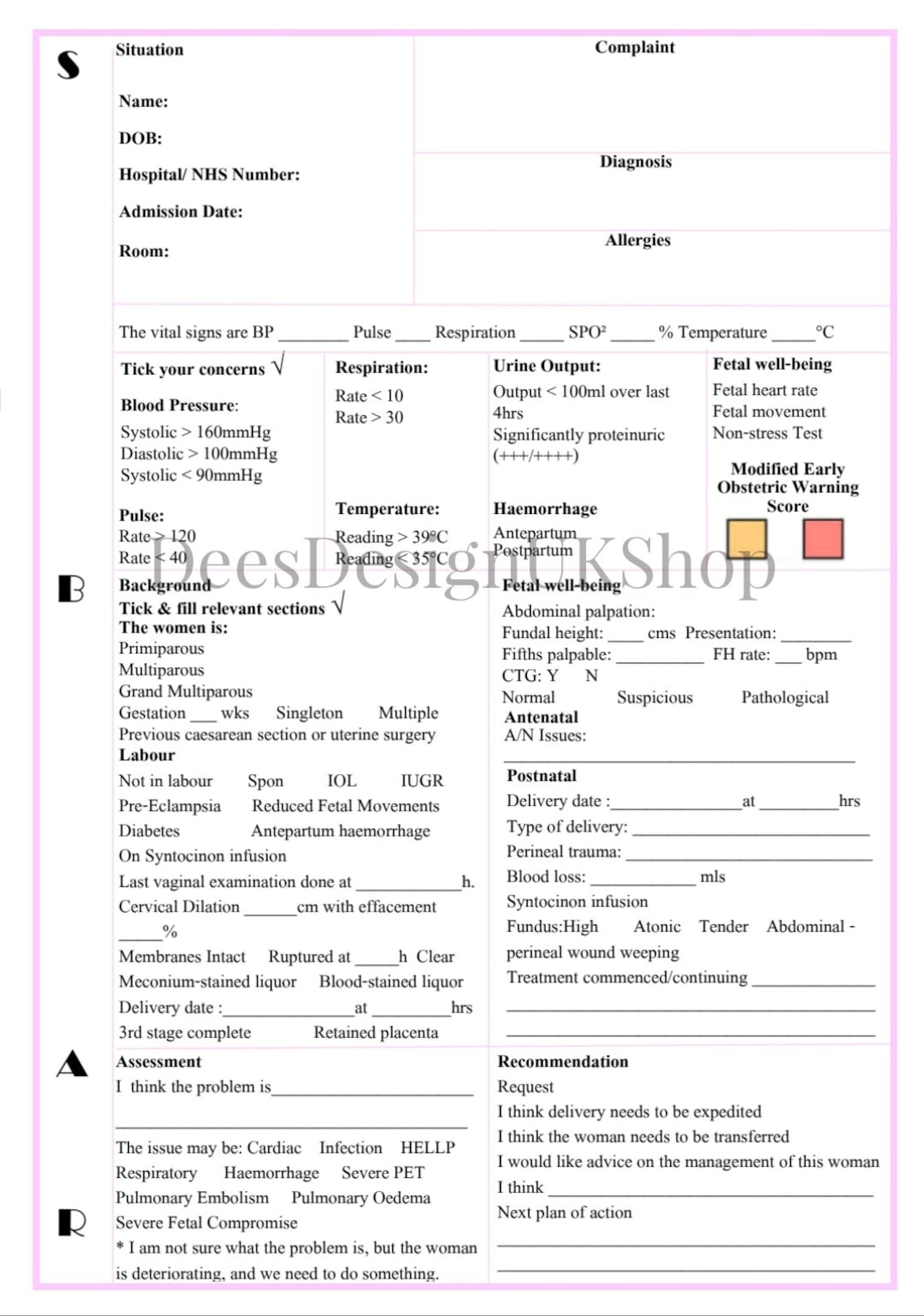 MATERNITY SBAR HANDOVER Sheets, Midwife Shift Change Forms, Efficient ...