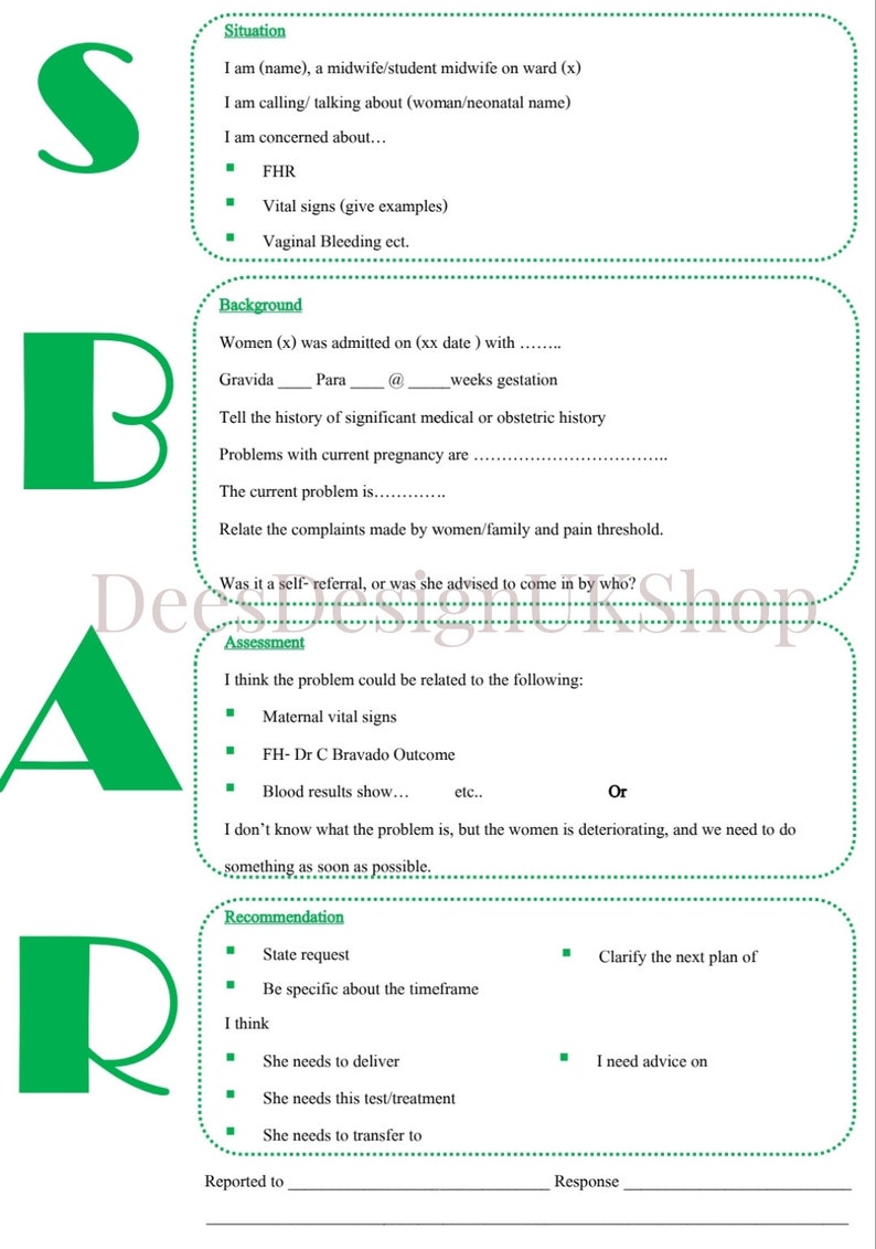 SIMPLIFIED MATERNITY SBAR Handover Sheets - Digital Prints, Learning ...