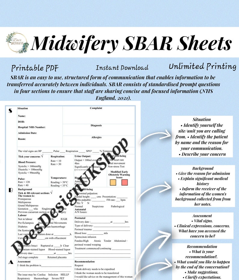 Midwifery SBAR Handover Sheets Prints Learning Tool - Etsy UK