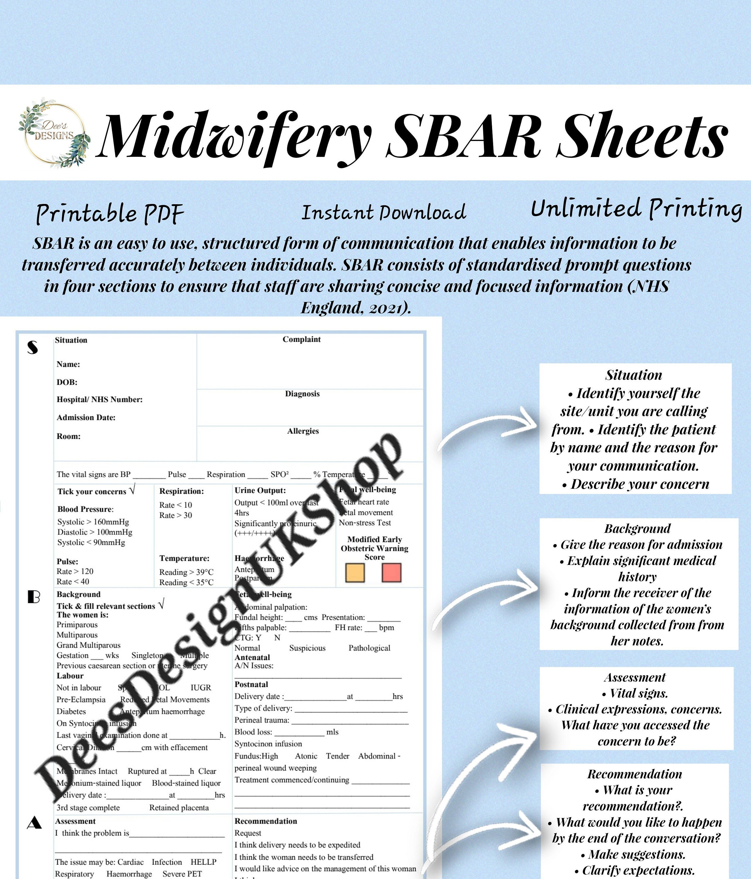 Midwifery SBAR Handover Sheets Prints Learning Tool - Etsy UK