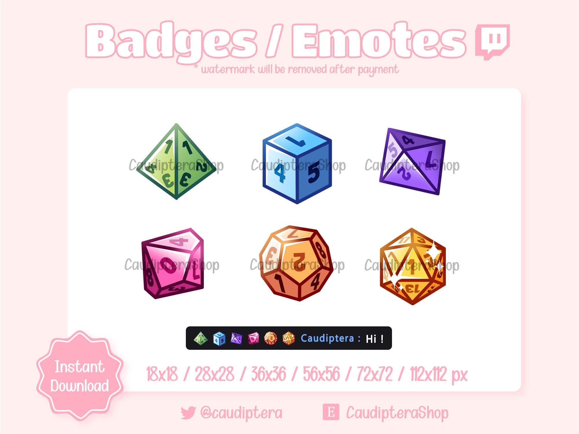 6 X RPG Dice Badges for Twitch Streamers, Discord, Youtube Dice, Kawaii ...