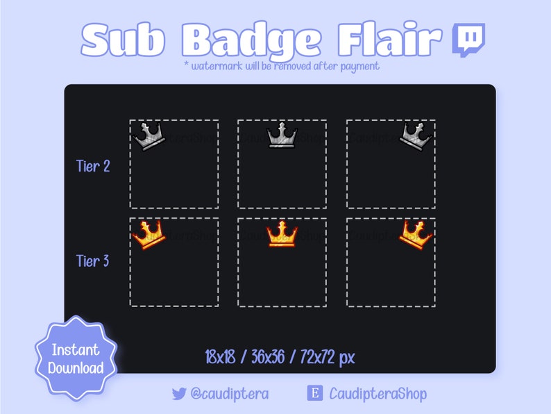 6 X Crowns Twitch Sub Badge Flair Tier 2 & 3 Subscriber Sticker Crown ...
