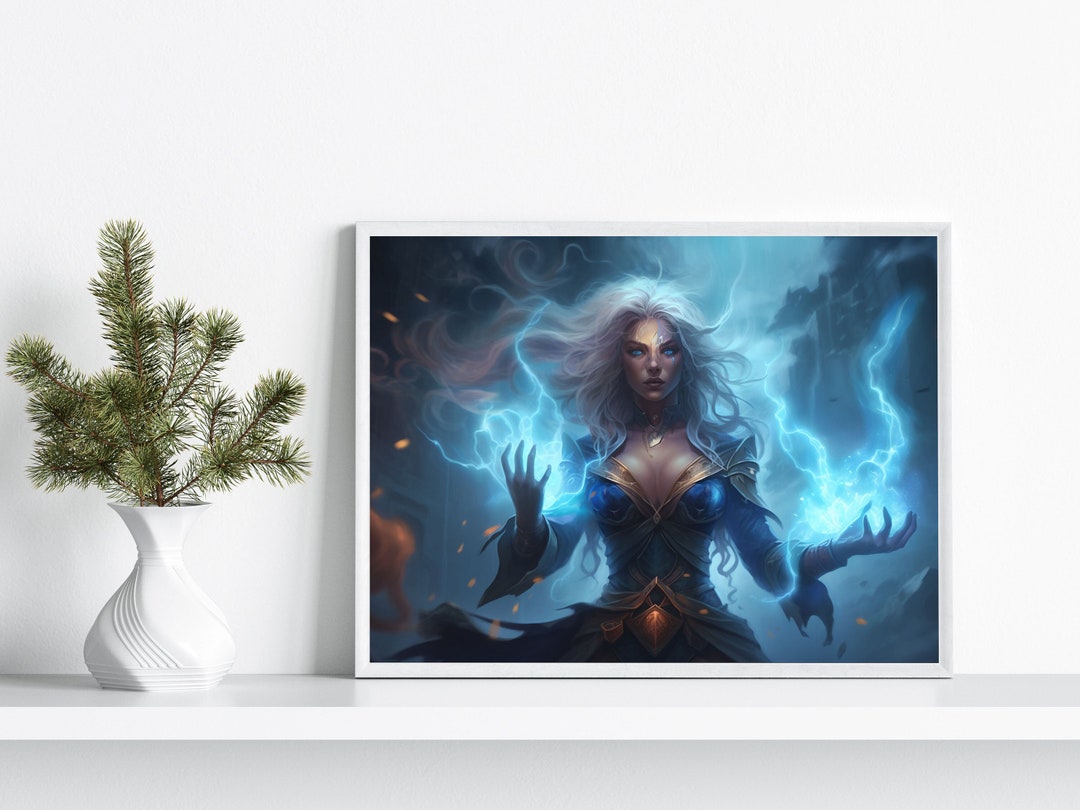 Unframed Wall Art, AI Art, Lightning Mage, Sorceress Witch, Female ...