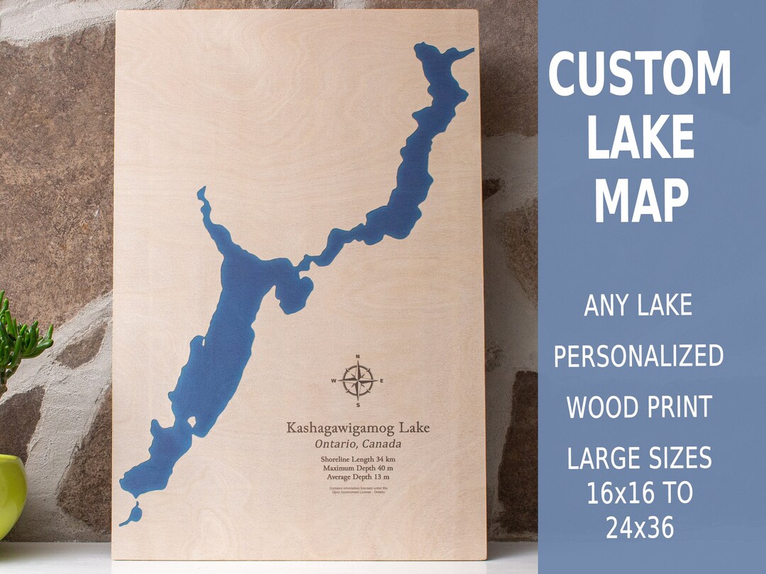 Lake Map Wood Print Personalized Lake Map Gift Wall Art for Cottage ...