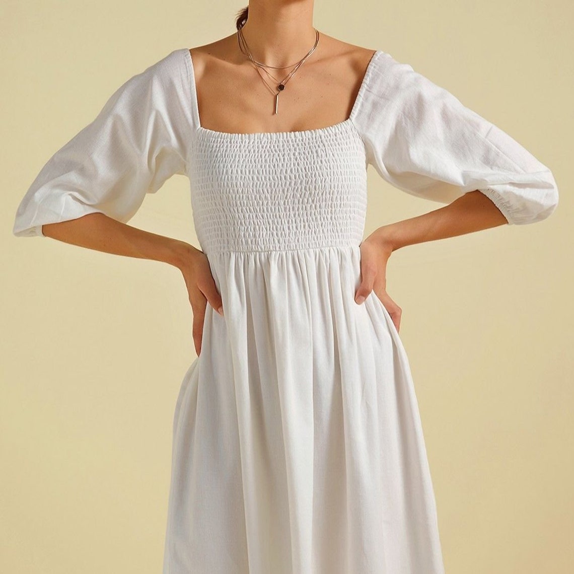 Linen Smocked Midi Dress White Linen Dress Summer Party Etsy