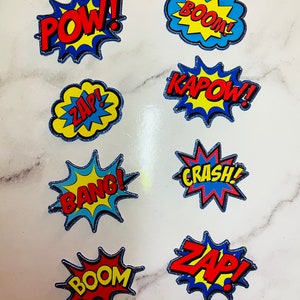 8pcs Boom Crash Pow Cake Toppers Glitter Superhero Spider-man Avengers ...