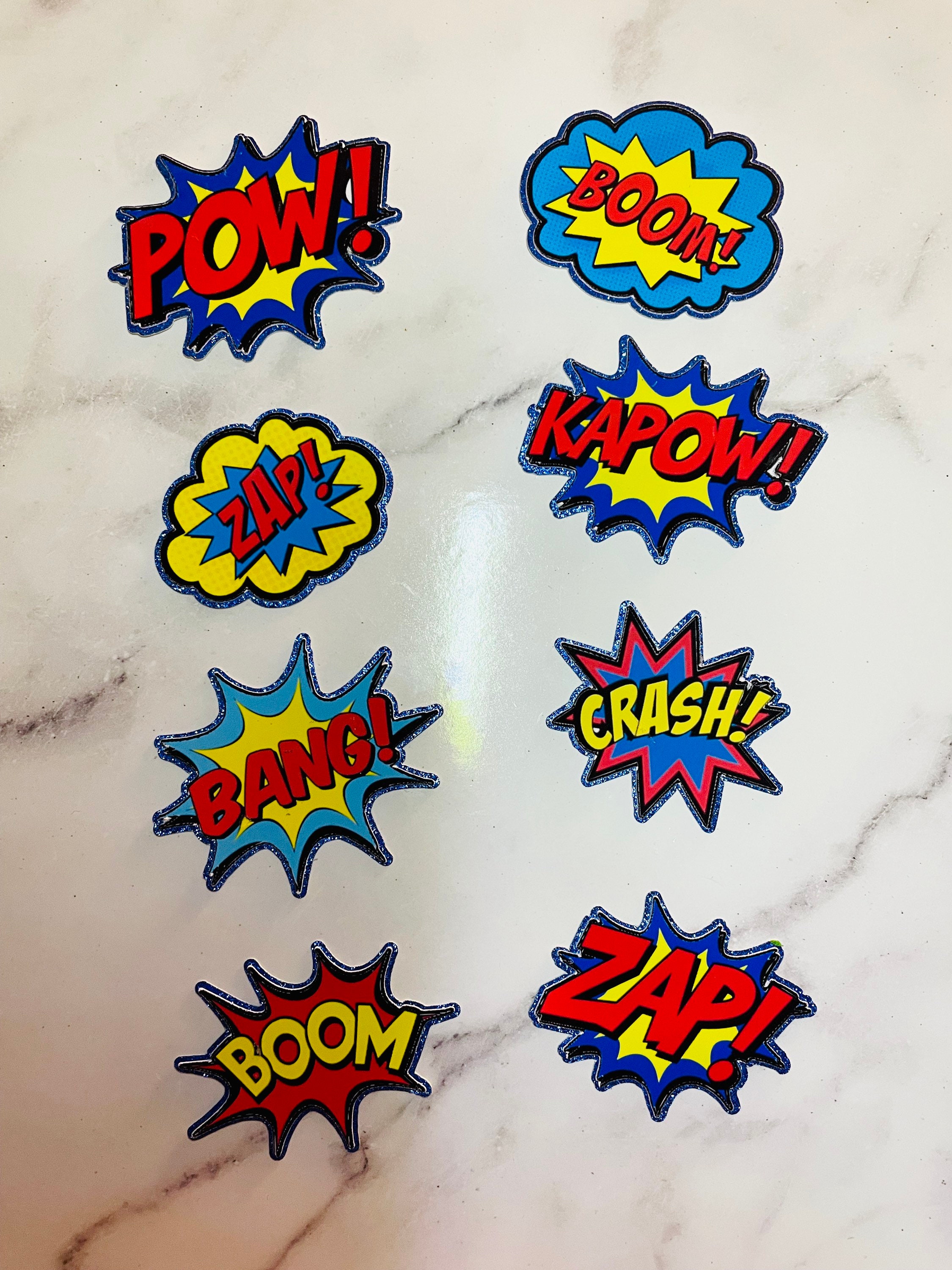 8pcs Boom Crash Pow Cake Toppers Glitter Superhero Spider-man Avengers ...