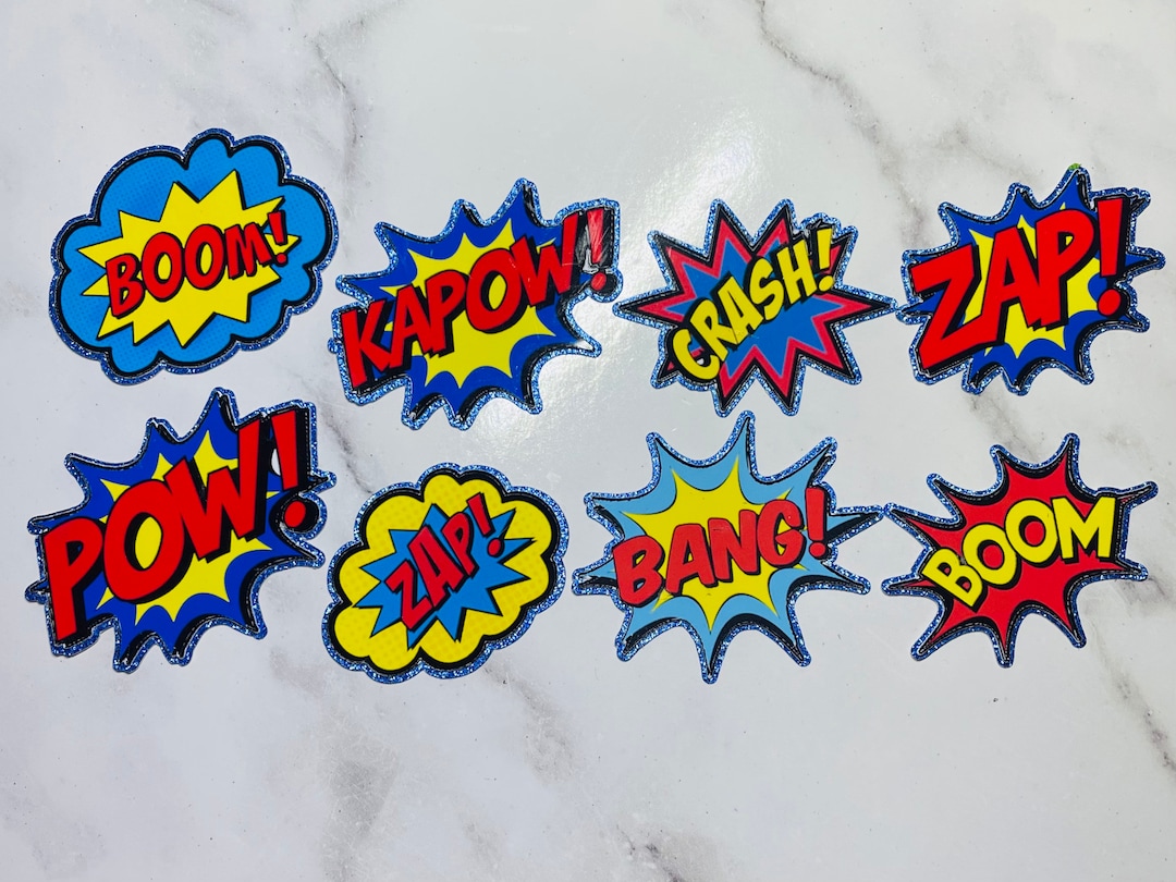 8pcs Boom Crash Pow Cake Toppers Glitter Superhero Spider-man Avengers ...
