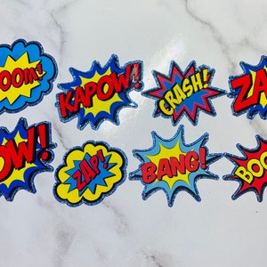 8pcs Boom Crash Pow Cake Toppers Glitter Superhero Spider-man Avengers ...