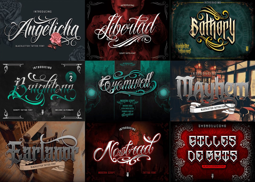 10 Premium Tattoo Fonts Bundle 4 T-shirt Print Logo Font Black Letter ...