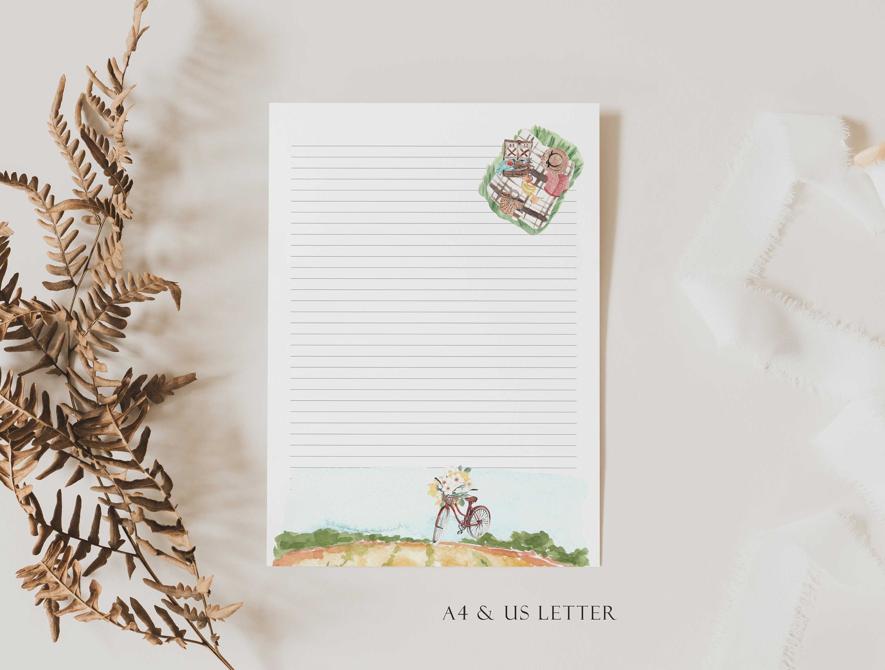 Printable Picnic Theme Illustration Letter Writing Paper for Stationery ...