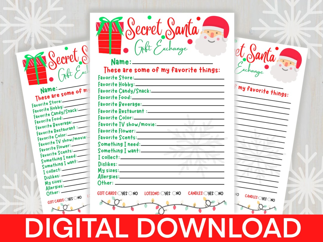Secret Santa Gift Exchange Printable, Gift Questionnaire, Favorite ...
