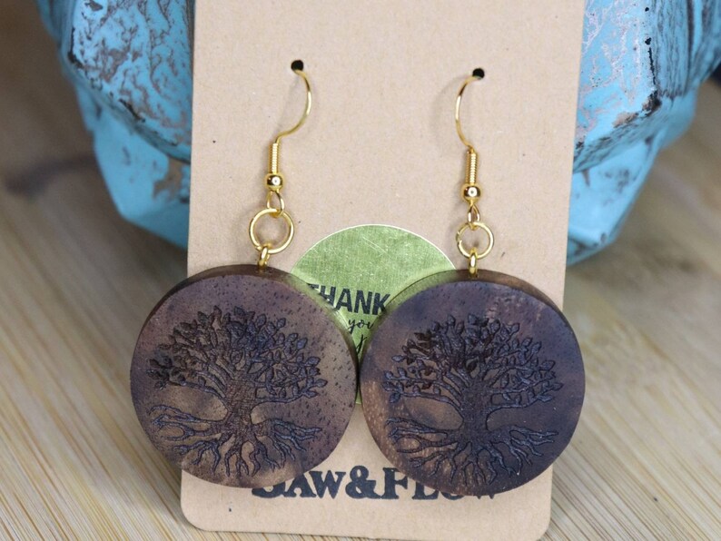 Laser Engraved "tree of Life" Round Walnut Wood Earring - Etsy