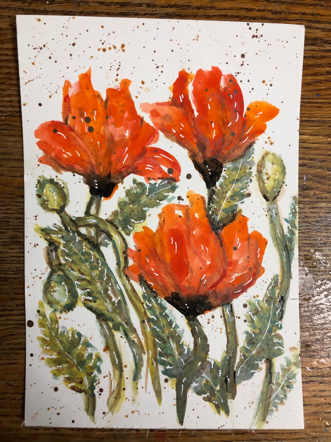 Watercolor 5"x7", Poppies 2, Trio of Poppies, Watercolor and White Ink ...