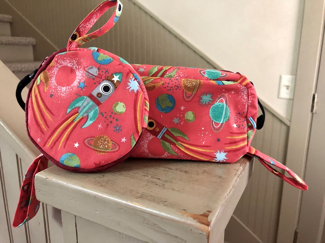 Set of 2 Soft Fabric Zipper Pouches Rocket Motif on Coral Background ...