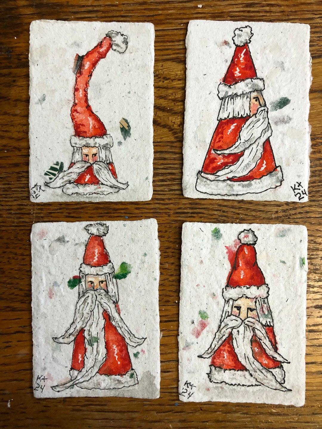 Set of 4 Tiny Folk Art Santas, Watercolor and Ink on Handmade Paper, 2 ...