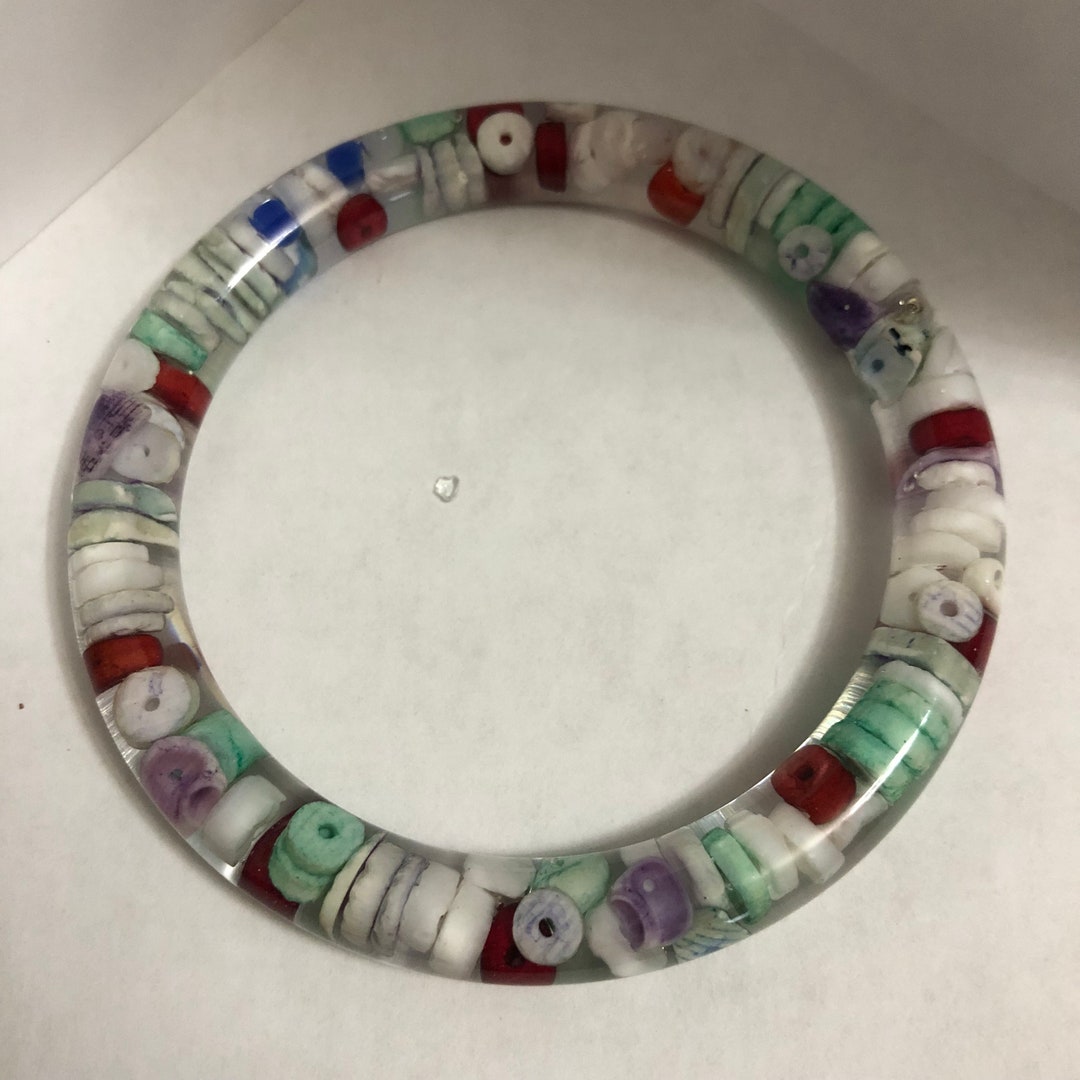 Hand Poured Clear Resin Bangle Bracelet With Tiny Red, Aqua and White ...