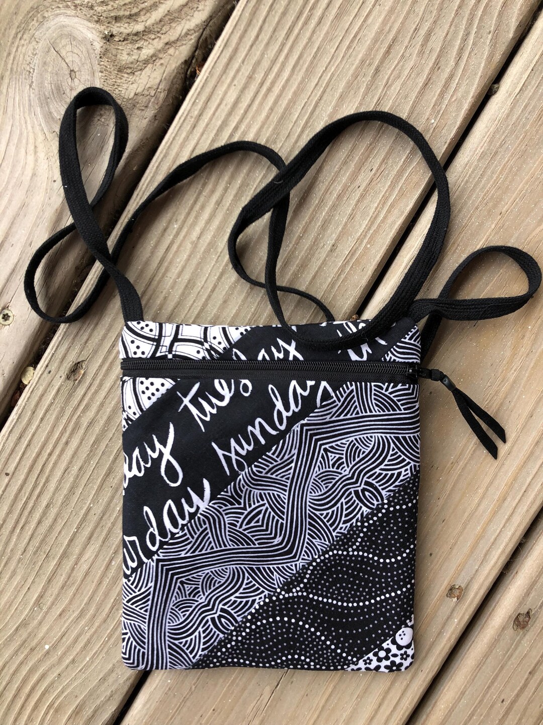 Small Patchwork Cross Body Bag Black and White, Front Zipper, Back Welt ...