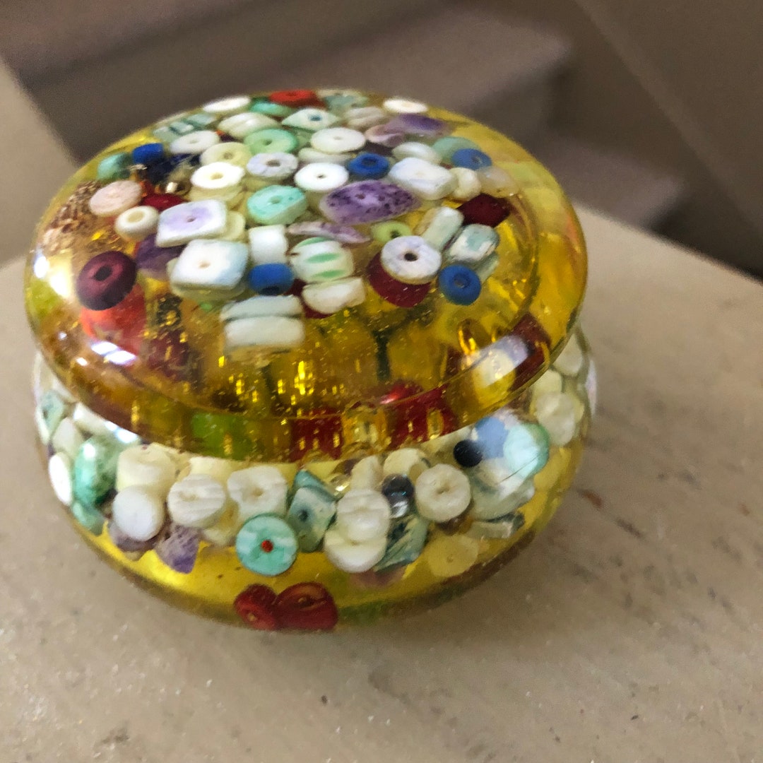 Small Round Resin Trinket Box With Domed Lid- Yellow With Bead ...