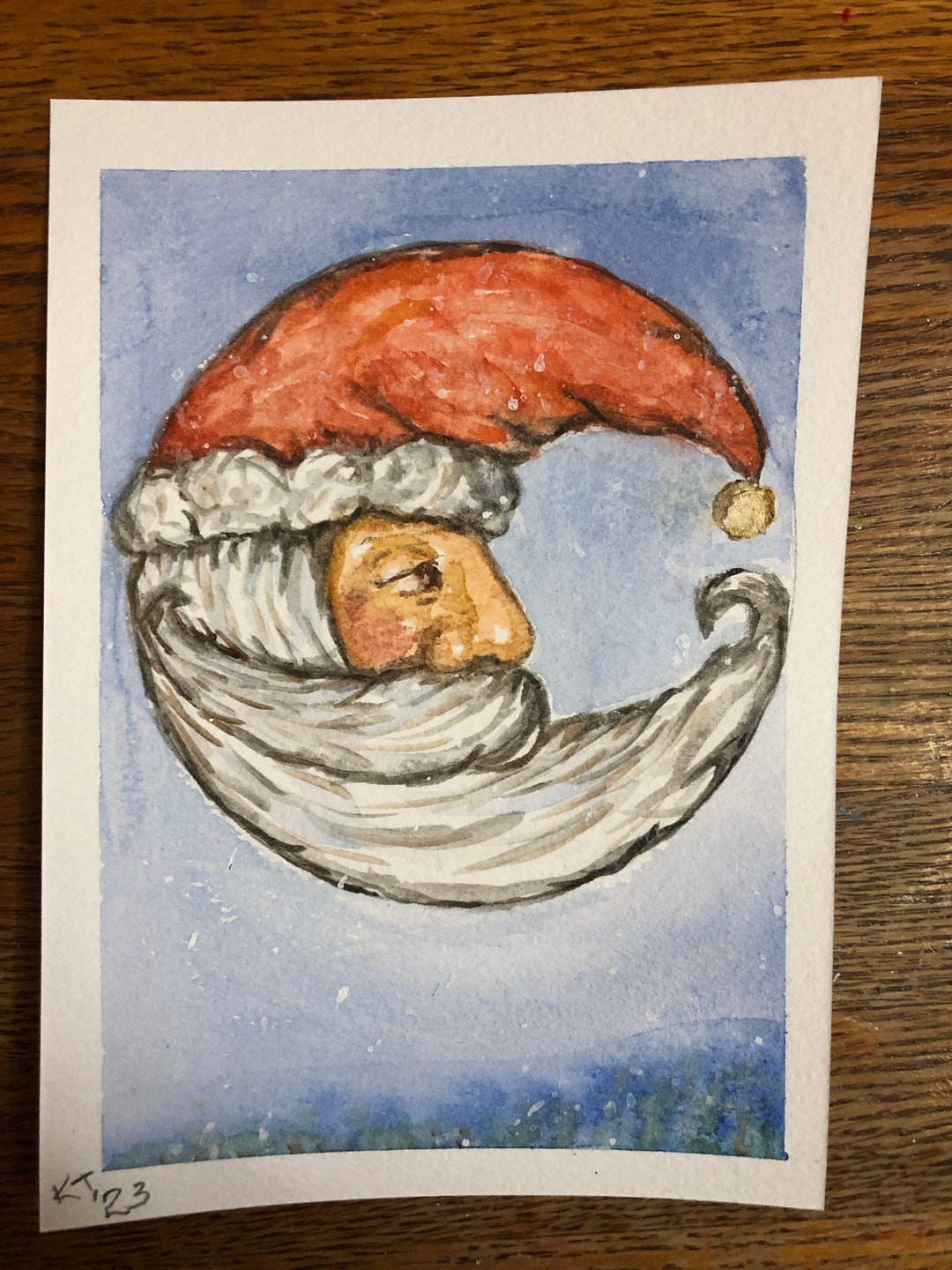 5" X 7" Watercolor Half Moon Santa in the Sky - Etsy