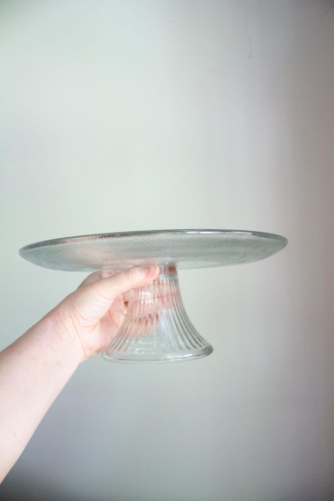 Vintage Glass Cake Stand Clear Glass Pedestal Plate Mid-century Dessert ...