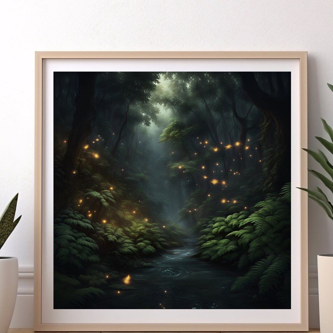 Ferns & Fireflies Landscape - Wall Art Digital Download - Moody Forest ...