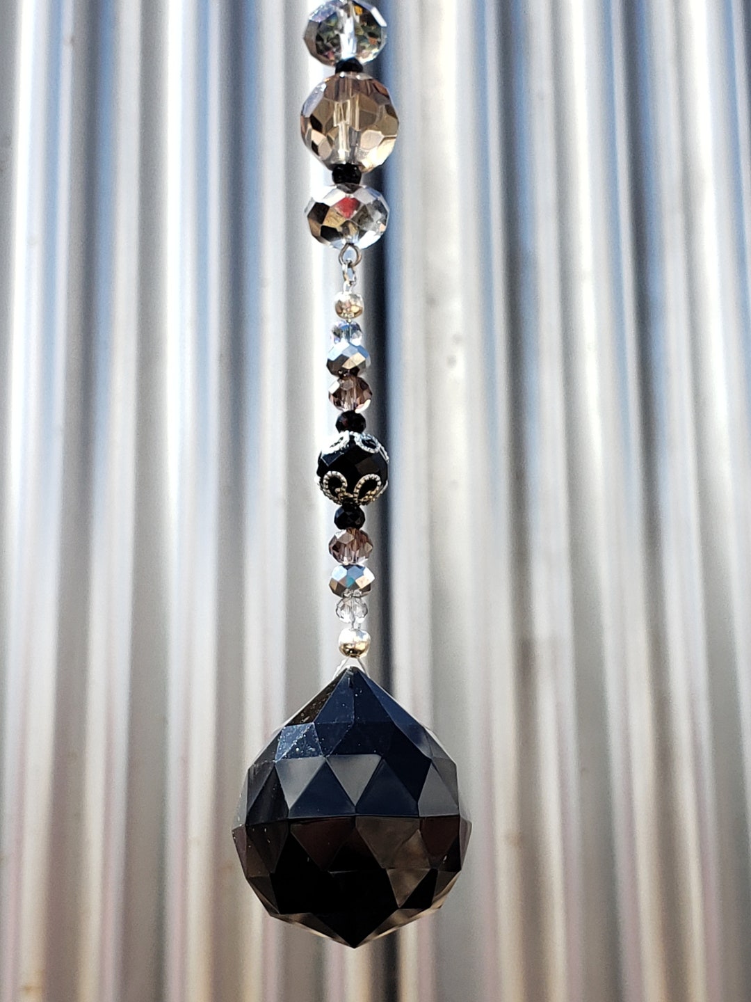 Black and Iridescent Silver Beaded Shadow Catcher With 30mm Black ...