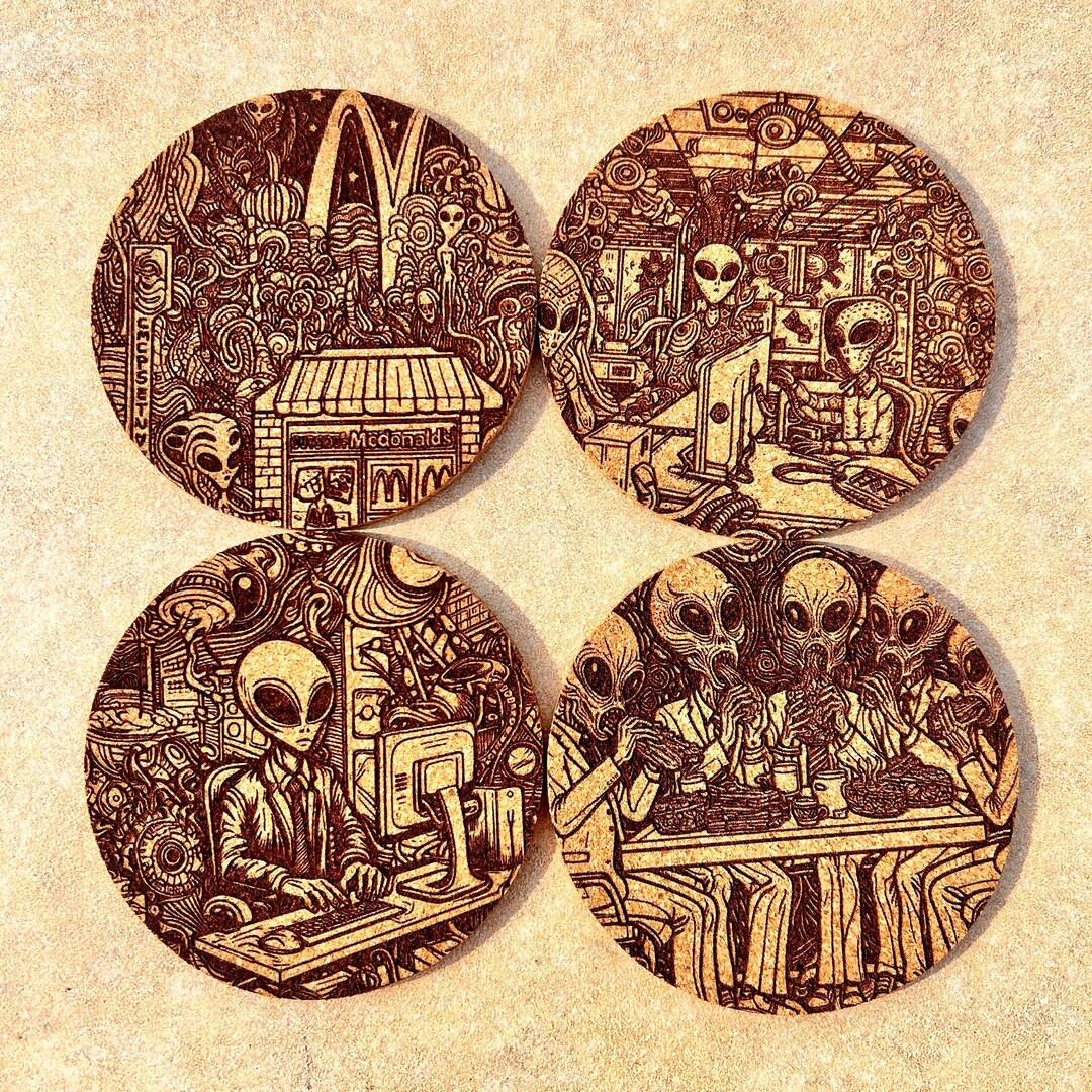 Laser Engraved Alien Cork Material Drink Coasters set of 4 - Etsy