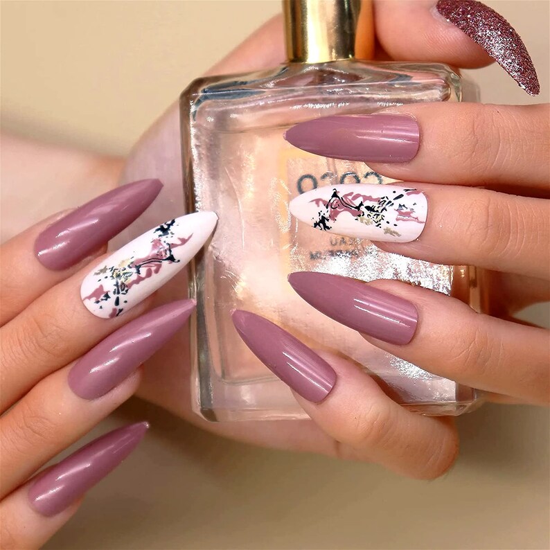 Marble Fake Nails, 24 Pcs Fake Almond Nails Short, Press on Nails With ...