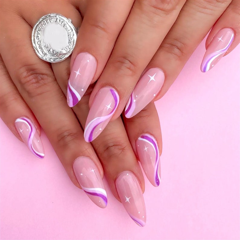 Pink Purple Swirl Wave Press on Nails, Medium Almond Pink Wavy Fake ...