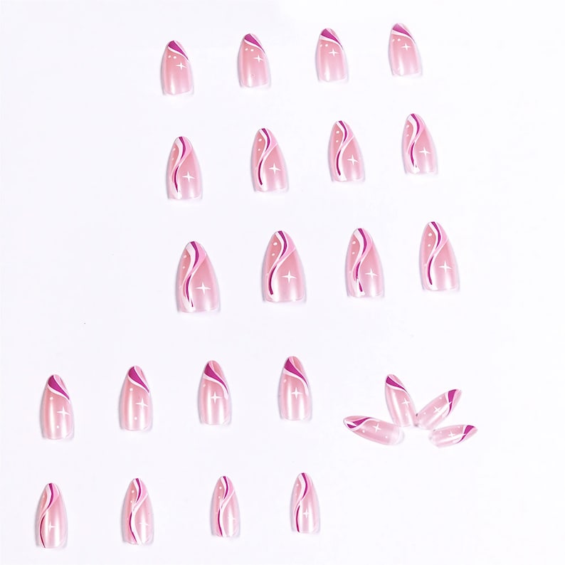 Pink Purple Swirl Wave Press on Nails, Medium Almond Pink Wavy Fake ...
