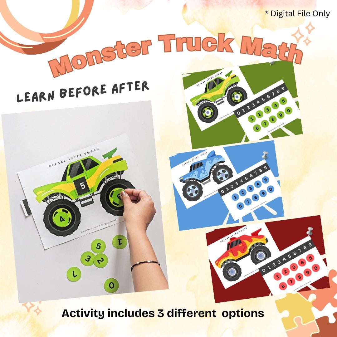 Monster Truck Math Before & After Worksheet | Fun Number Sequencing ...