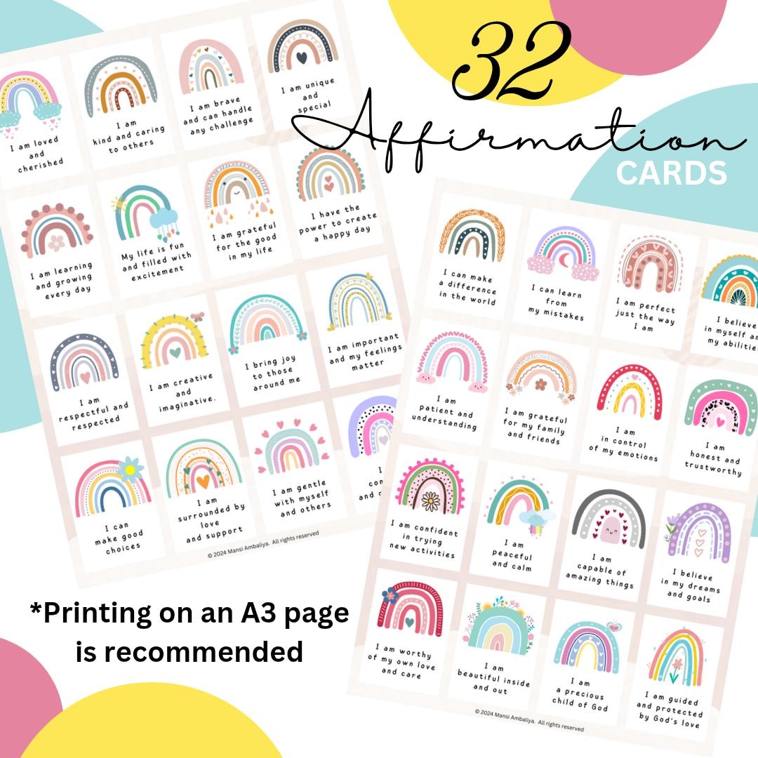 Set of 32 Cute Affirmation Cards for Kids | Positive Mindset | Self ...